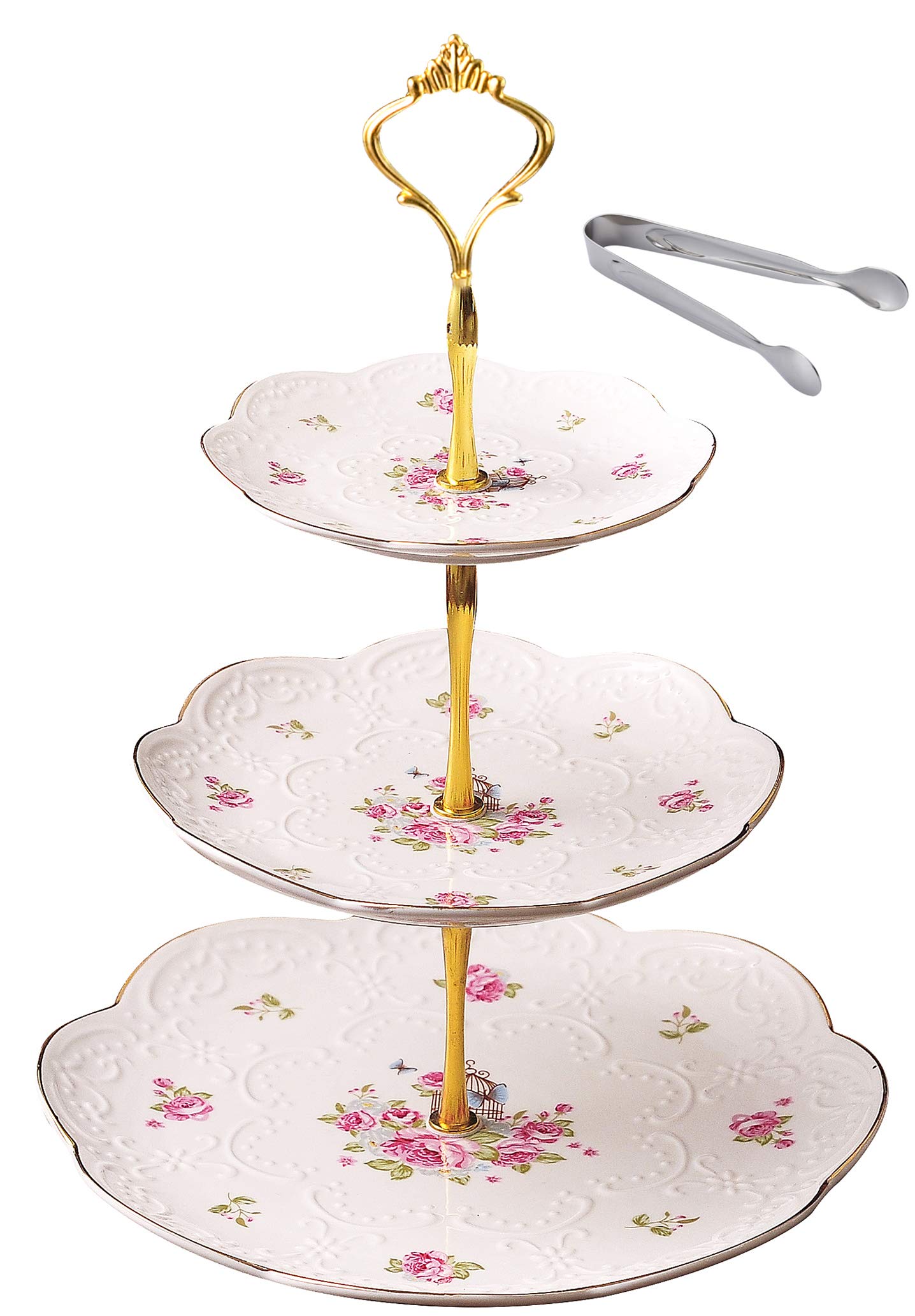 JusalphaĀ® Elegant Embossed 3-tier Ceramic Cake Stand- Cupcake Stand- Tea Party Pastry Serving Platter in Gift Box and a Free Sugar Tong (FL-Stand 03)