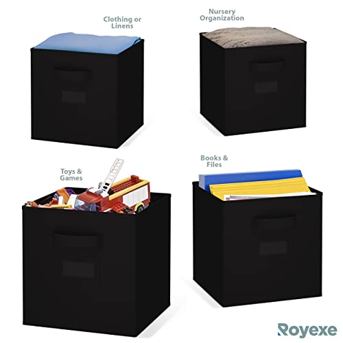 Royexe Item Container 11 Inch Storage Cubes (Set Of 8) Storage Baskets, Features Dual Handles & 10 Label Window Cards, Foldable Fabric Closet Shelf Organizer, Drawer Organizers, Linen, Black