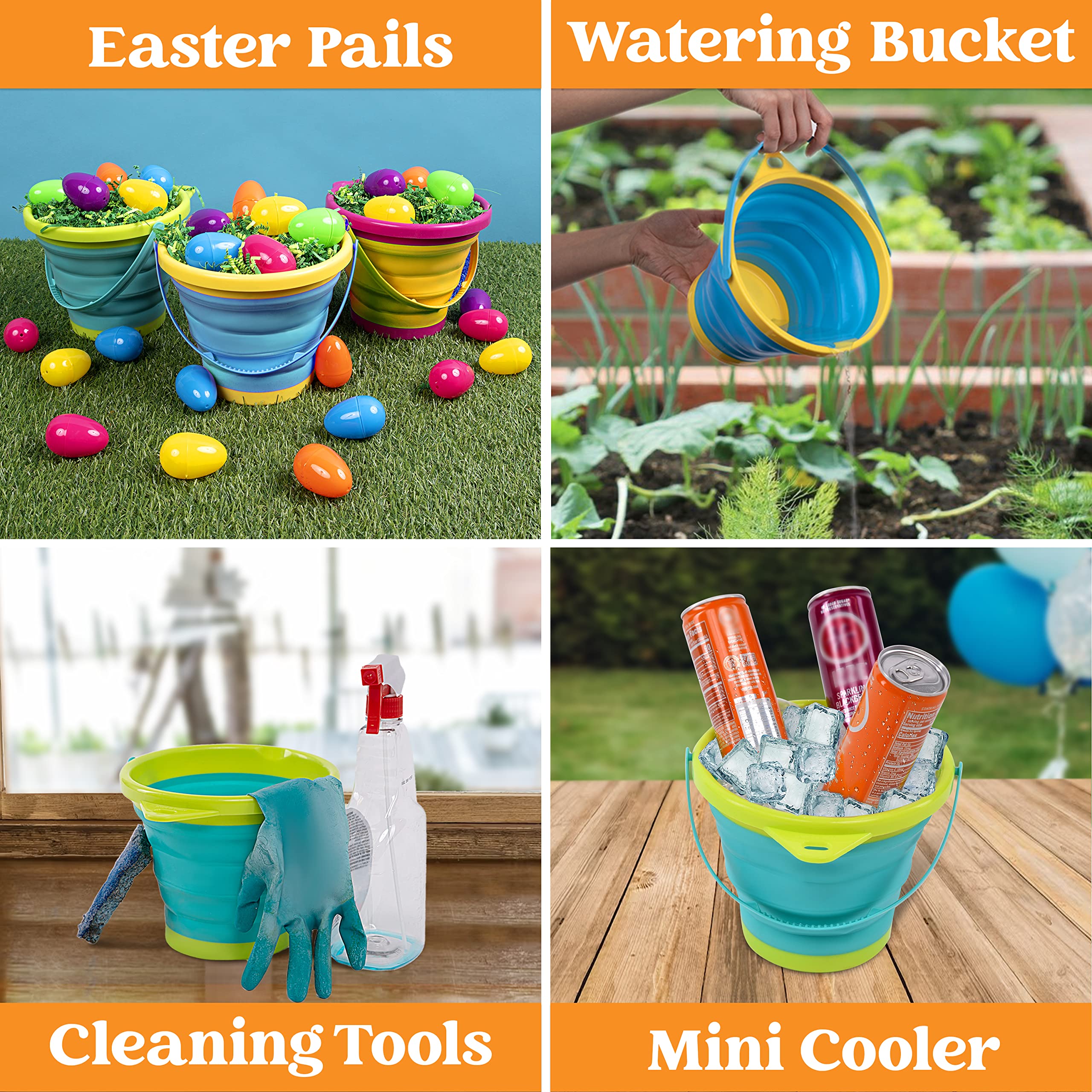 JOYIN 3 Packs Foldable Pail Bucket with Shovels & Mesh Bag, Collapsible Buckets Multi Purpose for Beach, Camping Gear, Beach Party, Fishing, and Fun Summer Activities (Yellow/Blue/Green)