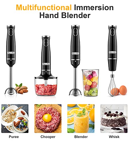 Facelle Immersion Hand blender 1000W, 4-in-1 Handheld Smoothie Blender Stick Blender with Chopper, Beaker, Whisk for Smoothie, shakes, Baby Food, Sauces Red, Puree, Soup