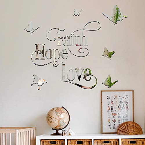 Faith Hope Love 3D Acrylic Mirror Wall Stickers, HOLENGS 3D Butterfly Mirror Surface Peel and Stick Removable Motivational Letter Wall Decals, Crystal DIY Wall Decor for Home Living Room Bedroom