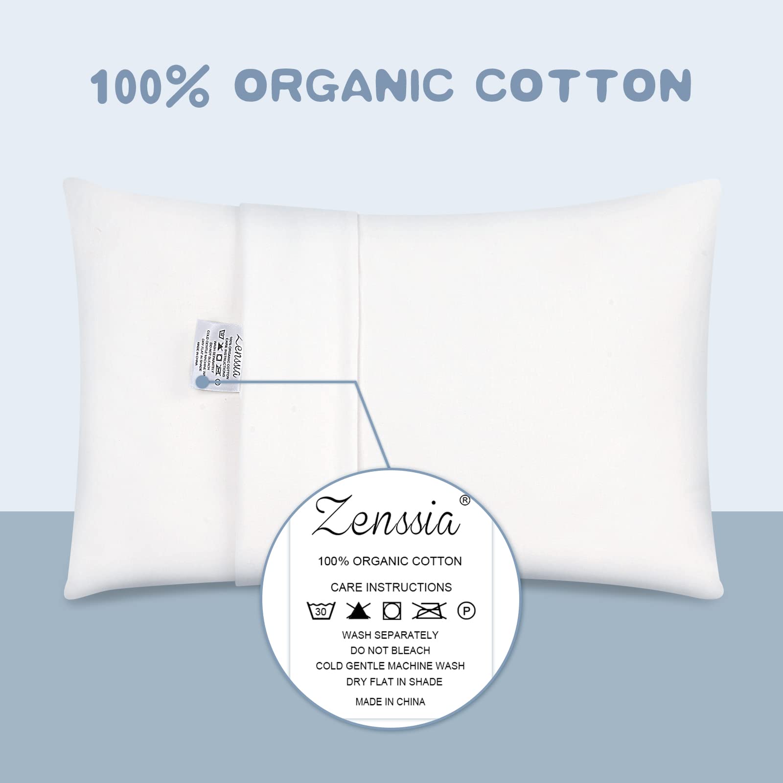 Zenssia Organic Cotton Toddler Pillowcase/Travel Pillowcase Pack of 2 Set 13x18 Inches with Envelope Closure - Soft & Breathable Baby Pillow Case Cover Solid White