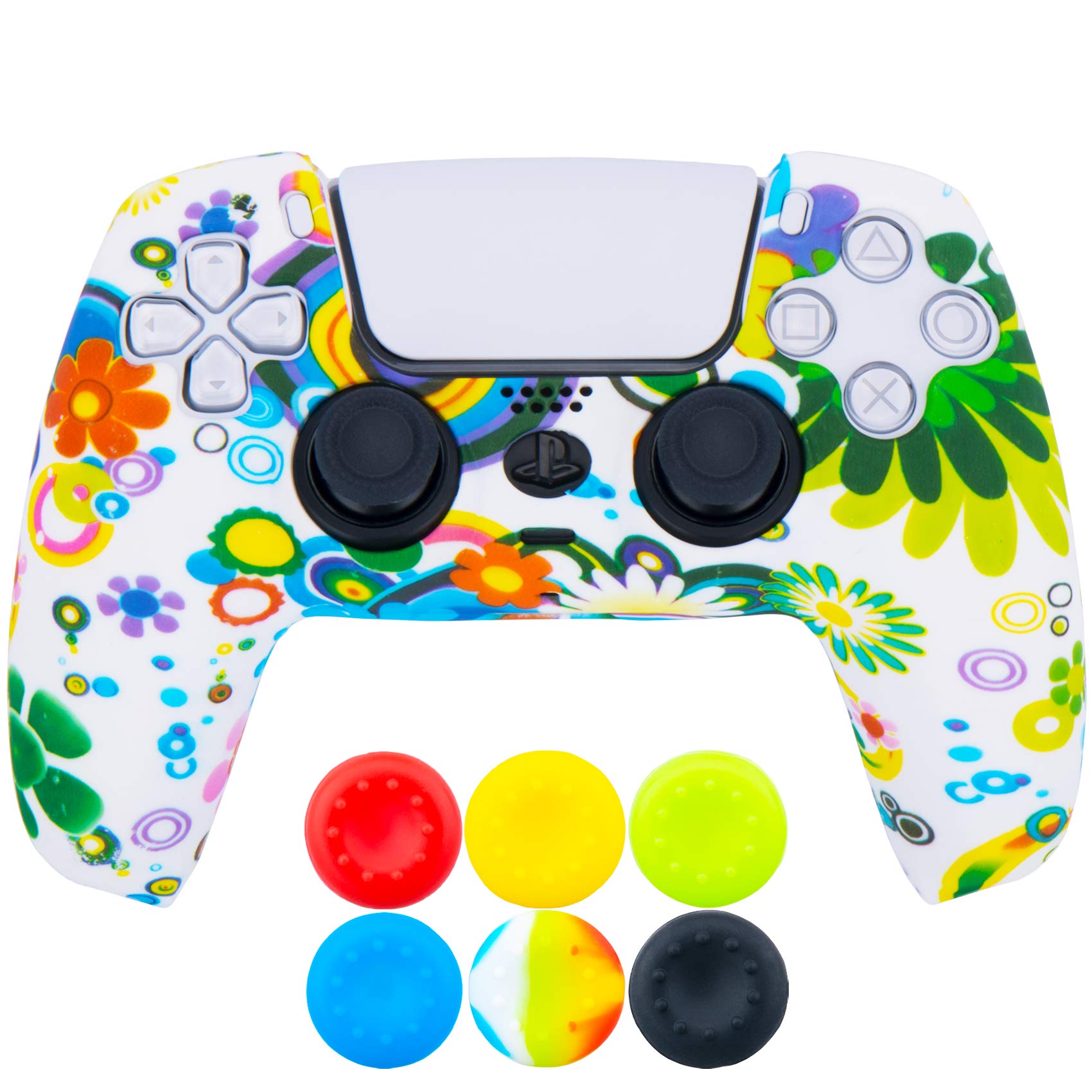 9CDeer 1 Piece of Silicone Transfer Print Protective Thick Cover Skin + 6 Thumb Grips for PlayStation 5 / PS5 Controller Flowers