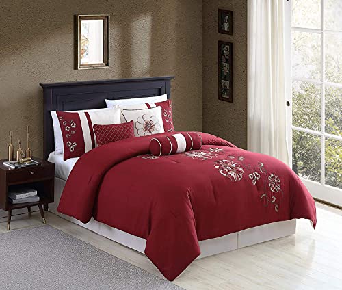 Chezmoi Collection Miranda 7-Piece Red Beige Floral Hibiscus Embroidery Comforter Set, California King