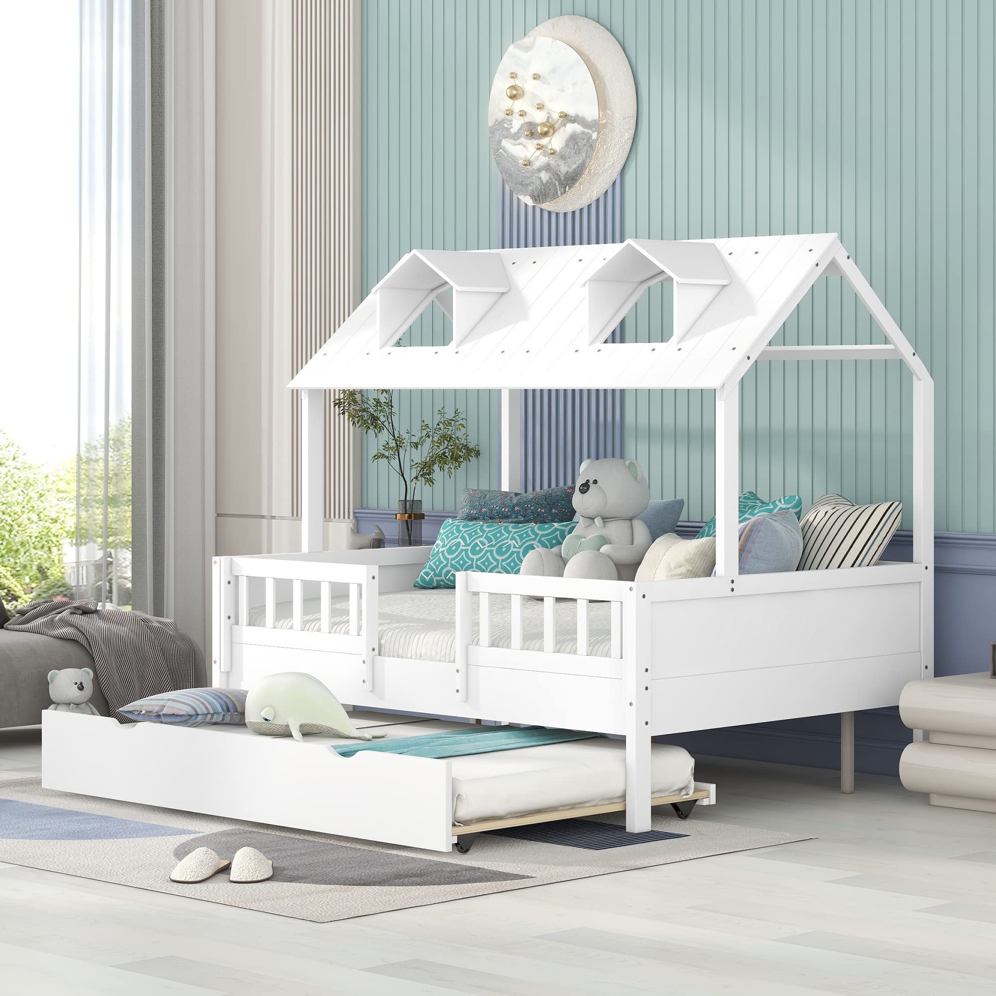 Bellemave Full House Bed with Trundle & Fence Railings Kids Cottage Beds Wood Playhouse Bed Frame for Toddlers Girls Boys Teens, Full Size, White