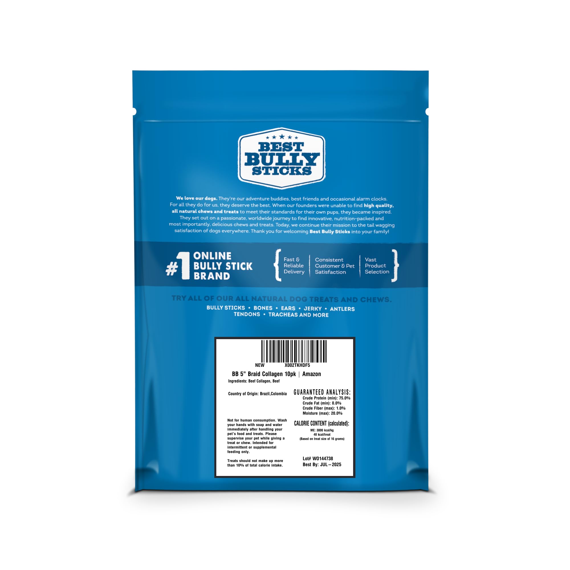 Best Bully Sticks All Natural Dog Chews - 5 Inch Braided Beef Collagen Sticks - USA Baked & Packed - Highly Digestible, Limited Ingredient, Rawhide Alternative Dog Chew - 10 Pack