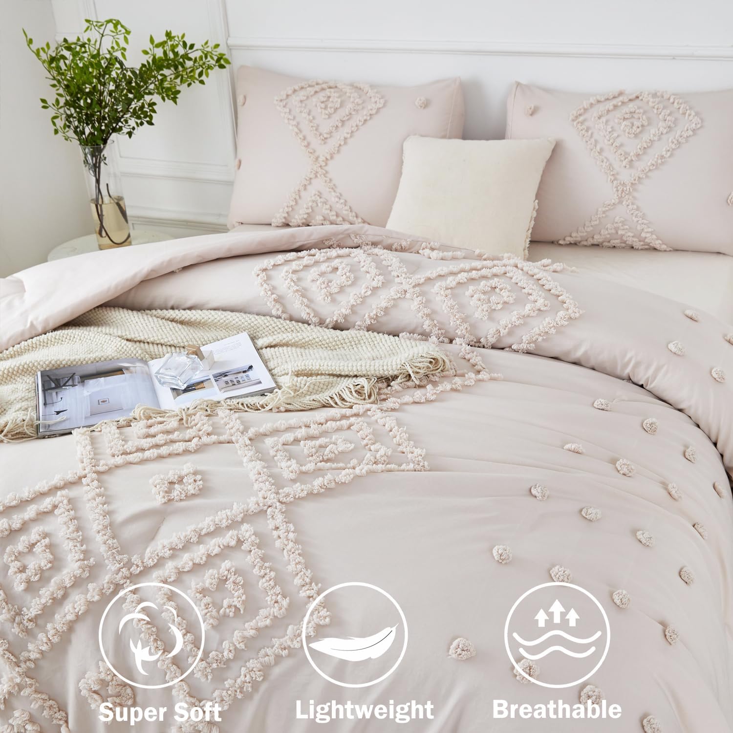 ZRNBAST Pink Full Size Comforter Sets 3 Pcs,Tufted Pom Boho Comforter Set Full, Soft Fluffy Farmhouse Embroidery Geometric Bedding Set for Girl(Pink, Full)