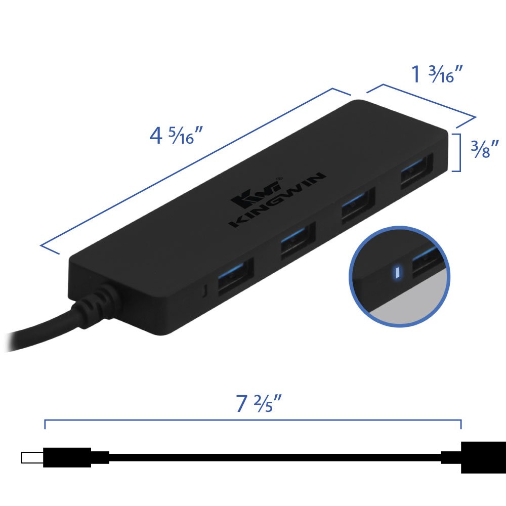 Kingwin USB Hub 4 Port USB 3.0 Data Hub for Mobile SSD, MacBook, Mac Pro/ Mini, iMac, Chromebook, Surface Pro, USB Flash Drives, Notebook PC, XPS, and More [Ultra Slim]