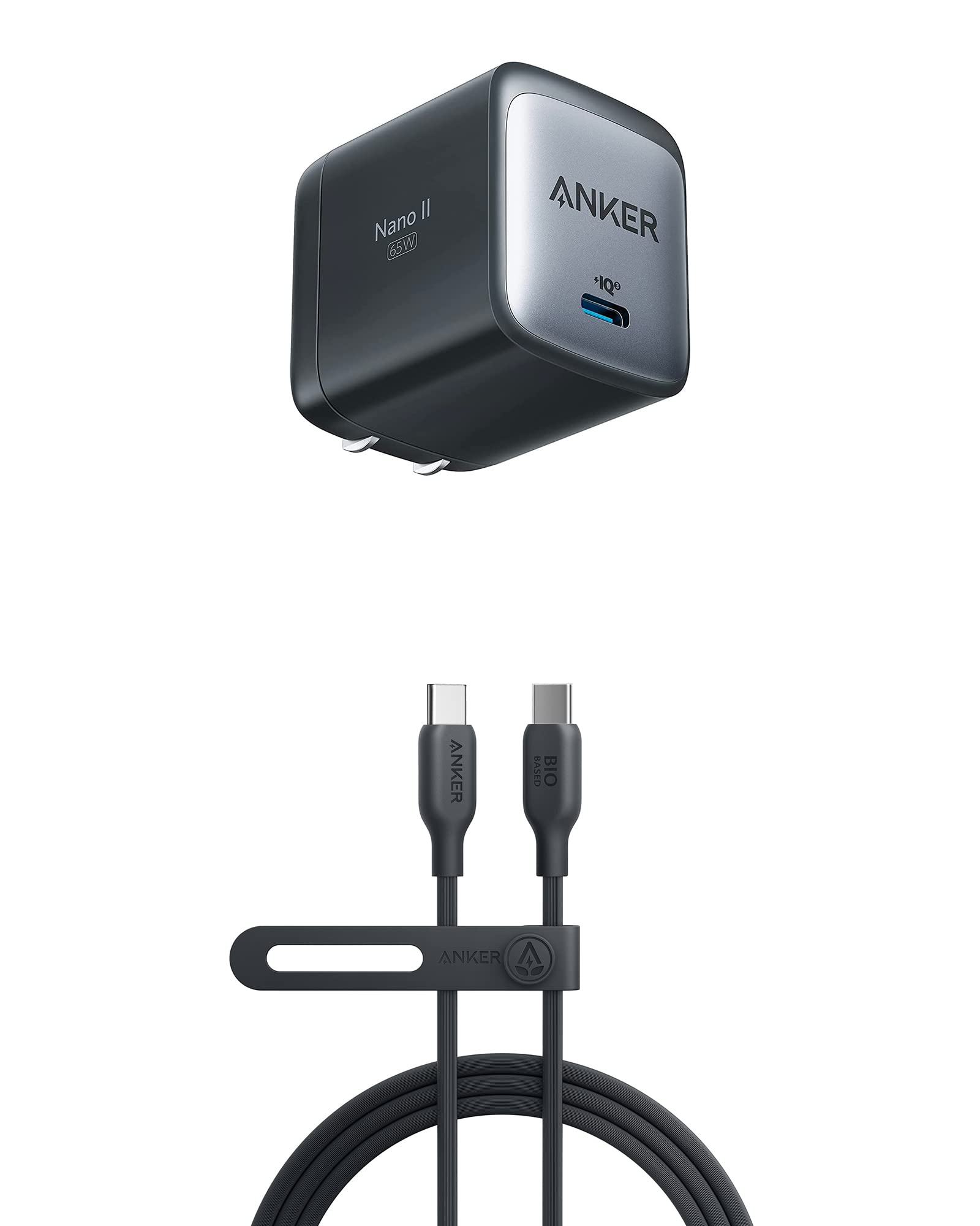 Anker 543 USB C to USB C Cable (100W 6ft), USB 2.0 Bio-Based Charging Cable & Anker USB C Charger, 715 Charger (Nano II 65W), GaN II PPS Fast Compact Foldable Charger (Phantom Black)