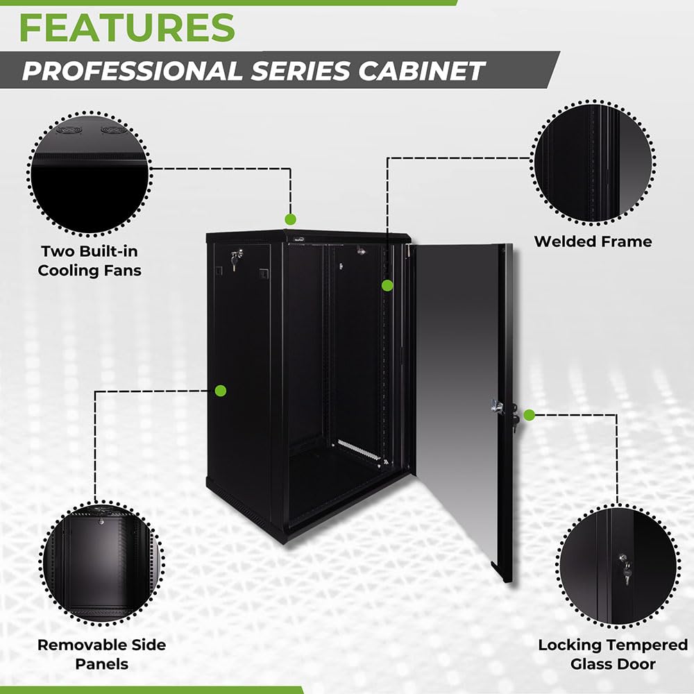 NavePoint 18U Server Rack Enclosure - 17.7β Deep, 18U Wall Mount Network Cabinet with Locking Glass Door for 19β IT Equipment, 18U Network Rack with 2 Fans, Removable Side Panels, Black