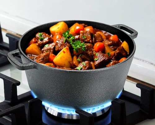 TLGREEN Cast Iron Dutch Oven Pot with Lid,Cast Iron Pot (5.1QT) and Cast Iron Lid as a Skillet(1.9QT) - Dutch Oven Cast Iron with Silicone Holders, Iron Stand, for Oven, Stove, Grill,Campfire