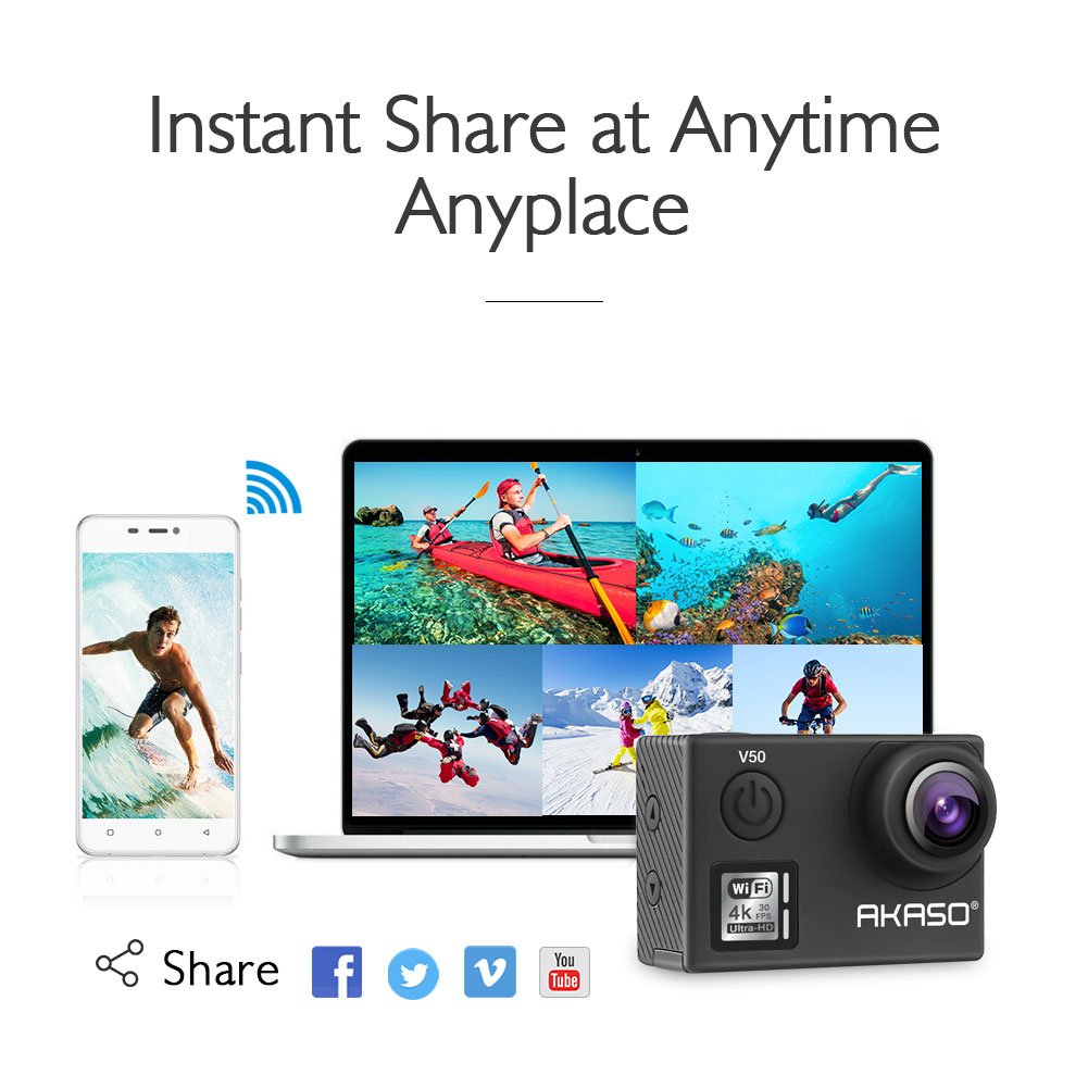AKASO [UPGRADED] V50 Native 4K/30fps 20MP WiFi Action Camera with EIS, 30m Waterproof Camera with Remote Control, 170 Degree Wide Angle, 2 Rechargeable Batteries and Mounting Accessories Kit