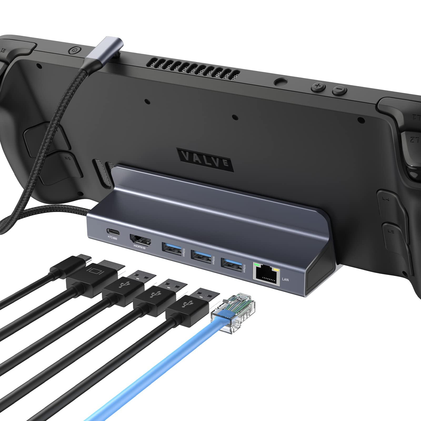 6 in 1 Steam Deck Docking Station, HOPDAY Steam Deck Dock with 3*USB 3.0, 1Gbps Ethernet, HDMI 4K@60Hz, 100W PD Charging, Steam Deck Accessories Stand for Valve Steam Deck