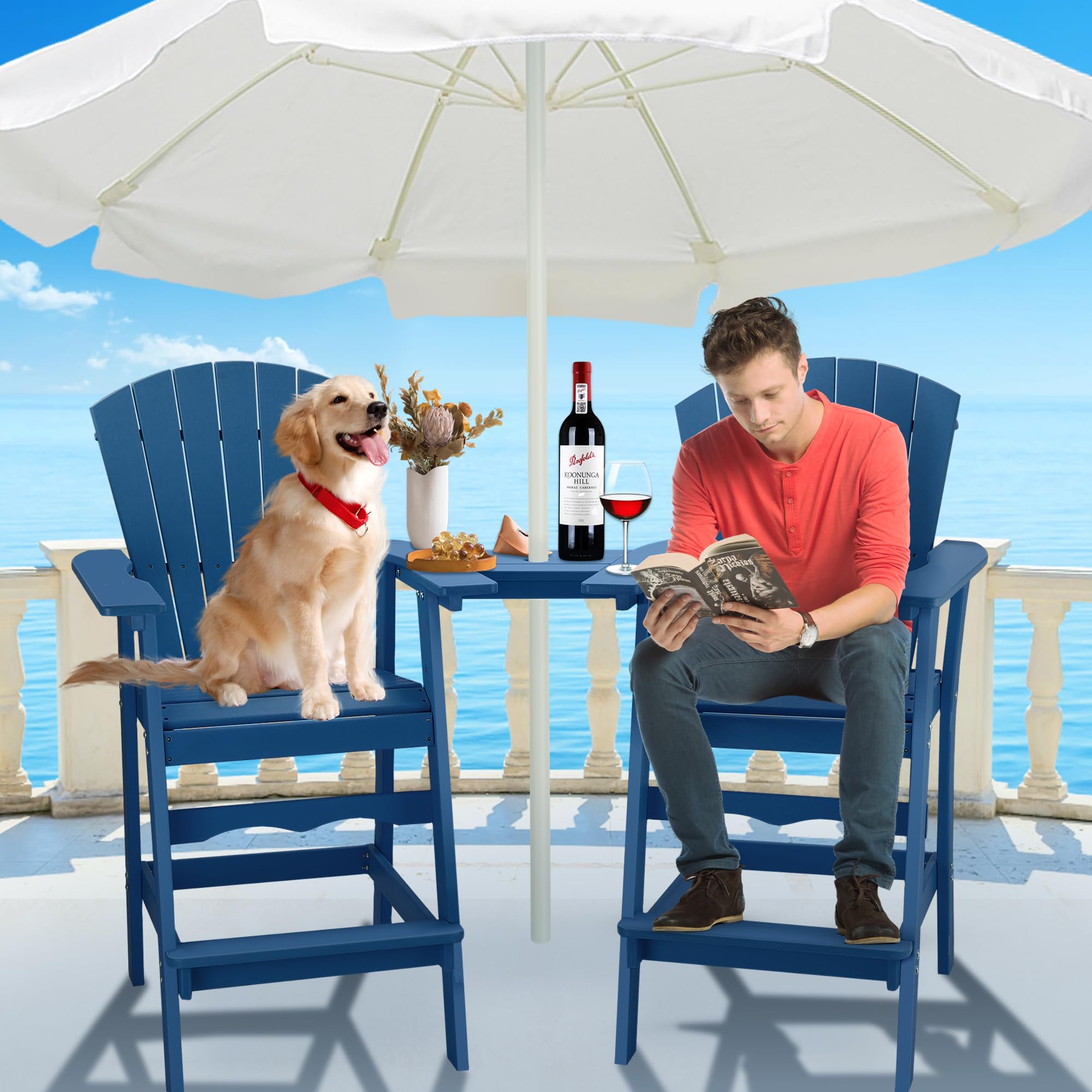 Aoorun 51.9''Poly Patio Chairs bar Height,high Outdoor Chairs Table hdpe, Tall Adirondack Set for 2 (30.7" D x 27.9" W) - Navy Blue