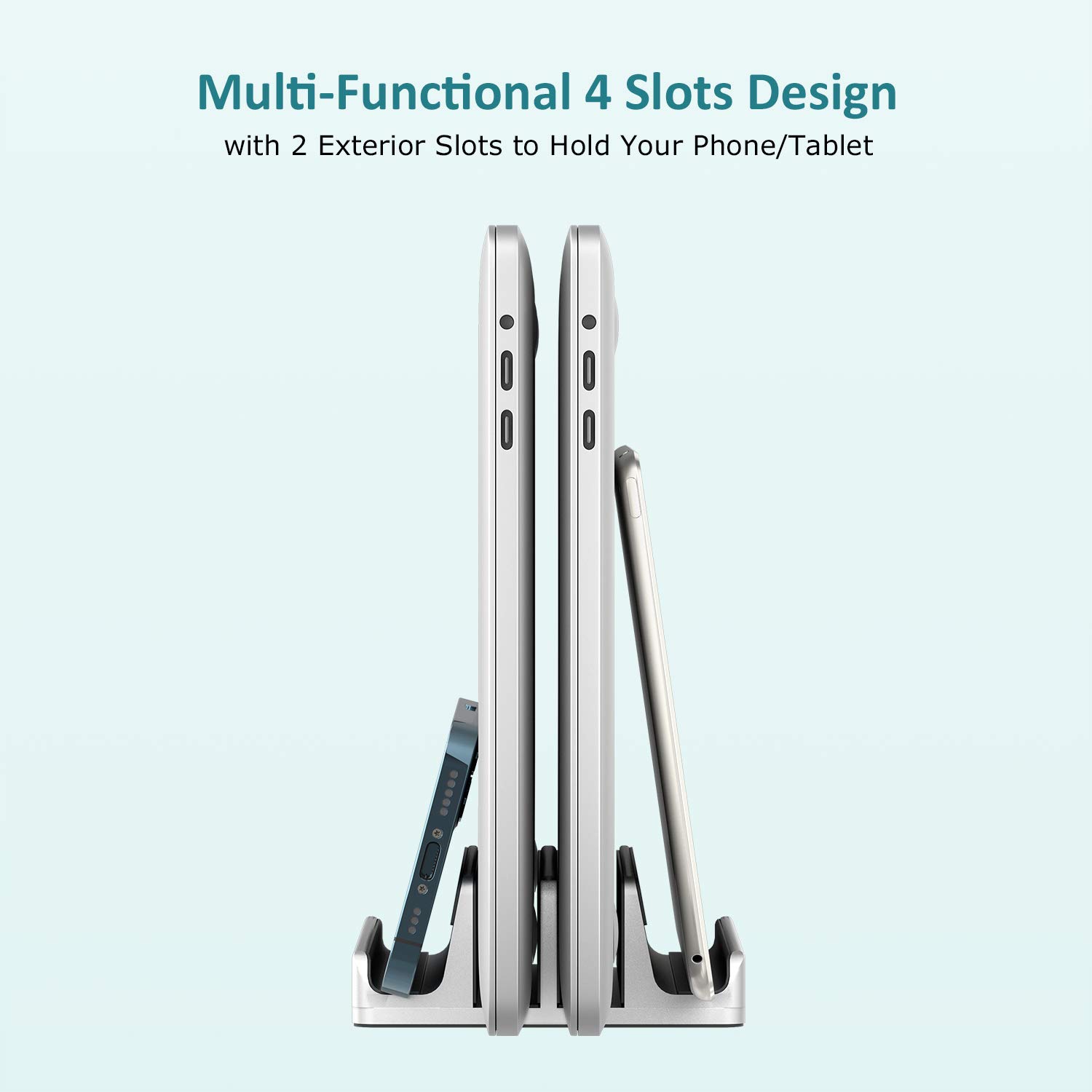 Nukoi Vertical Laptop Stand - SPACEMax Adjustable GRIPLock Anti-Tip Silicone 4 Slots Aluminum Desktop Holder - Double Dock Stand - 2 Phone Slots Fits Up to 17.3” Laptops, Tablets, Phones - Silver