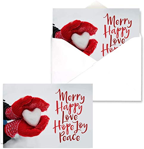 Red Mittens Heart Holiday Christmas Card - Set of 25 cards, 5'' x 7'' folded. Verse inside. Made in the USA. Blank white envelopes