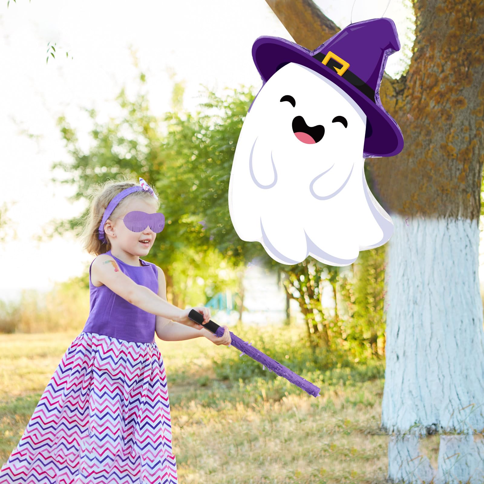 Aoriher Halloween Ghost Piñata Ghost Piñata with Stick Blindfold Set White Ghost Piñata Halloween Mexican Piñatas for Halloween Birthday Party Game Supplies Decoration