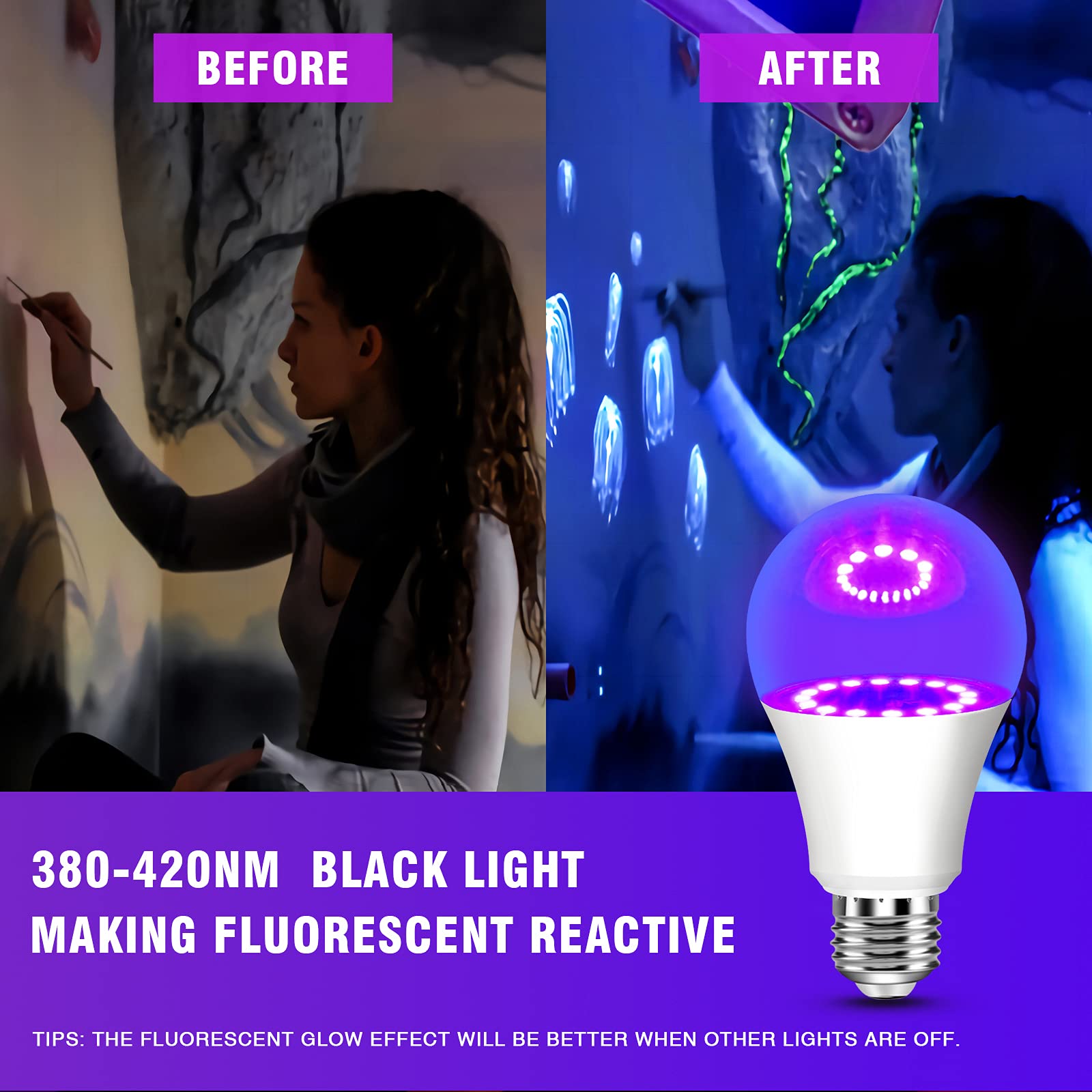 9W led Black Light Bulb, A19 E26 Screw Base Black Lights, Cast Neon in The Dark When Lighting at Reactive Surfaces, 380-420 nm Black Bulb for Halloween, Christmas, Birthday, Glow Party (4PK)