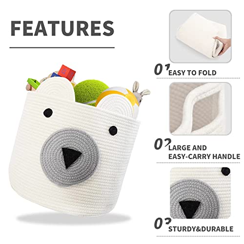 Homearda Cotton Rope Storage Basket with Cute Bear Design Foldable Woven Laundry Basket with Large Capacity Decorative Basket Organizer for Toys, Blanket, Towels, Clothes -White (16D X14H inch)