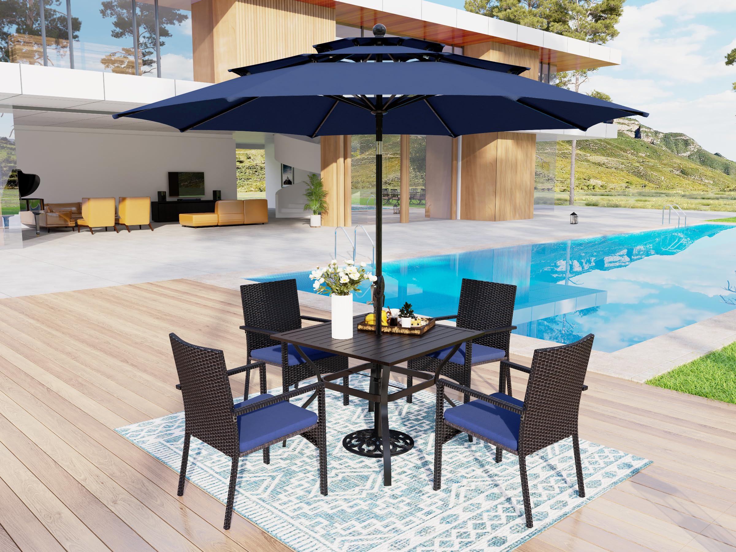 MFSTUDIO Patio Brown Woven Wicker Chairs Set, Oversized Outdoor Patio Wicker Rattan Dining Chairs Set of 4 with Extra Wide Seat, 4 Patio Resin Chair Sets with Armrests and Cushions, 330lbs