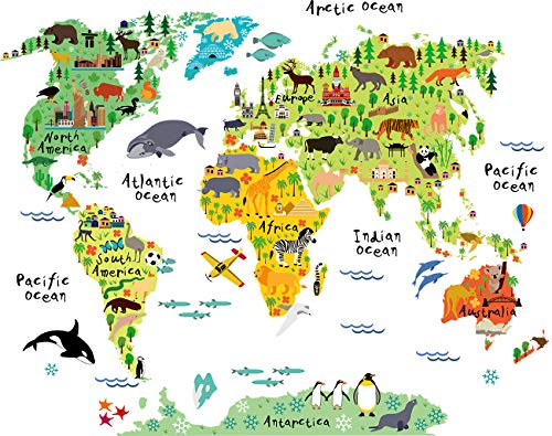 HomeEvolution Large Kids Educational Animal Landmarks World Map Peel & Stick Wall Decals Stickers Home Decor Art for Nursery