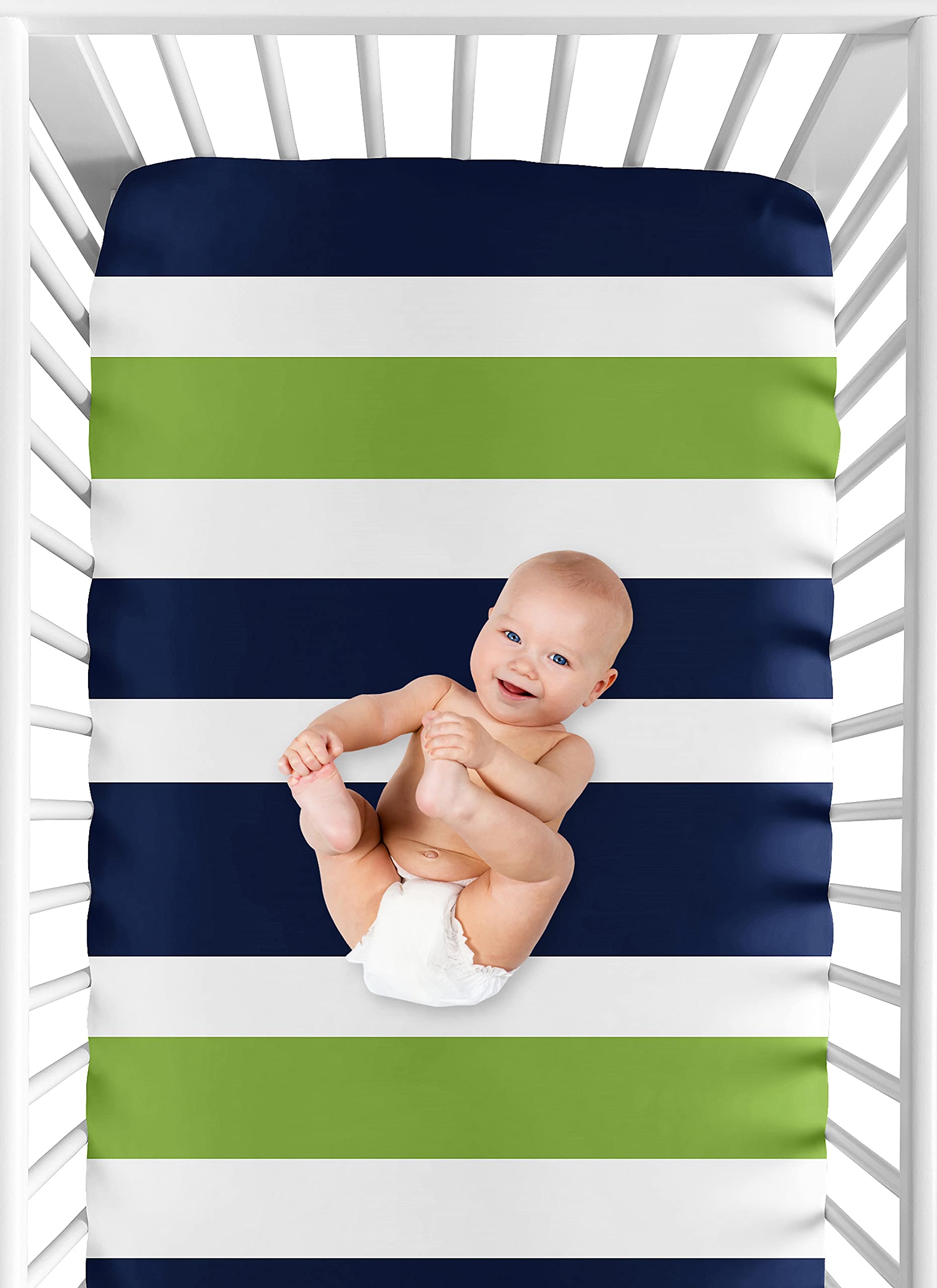 Fitted Crib Sheet for Navy Blue and Lime Green Baby/Toddler Bedding Set Collection - Stripe Print