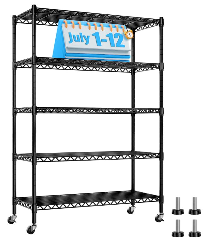 REIBII Wire Shelving Rack Garage Shelving with Wheel 5 Tier Metal Shelving Unit 1750LBS Adjustable Wire Shelf for Garage Storage Shelves Rolling Heavy Duty Shelving Metal Shelves for Storage Pantry