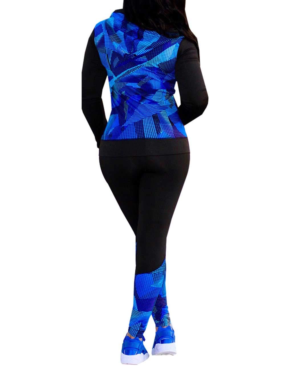 Akmipoem Autumn Long Sleeve 2 Piece Outfit Full Zip Up Jacket+Skinny Pants Set for Young Ladies Blue L