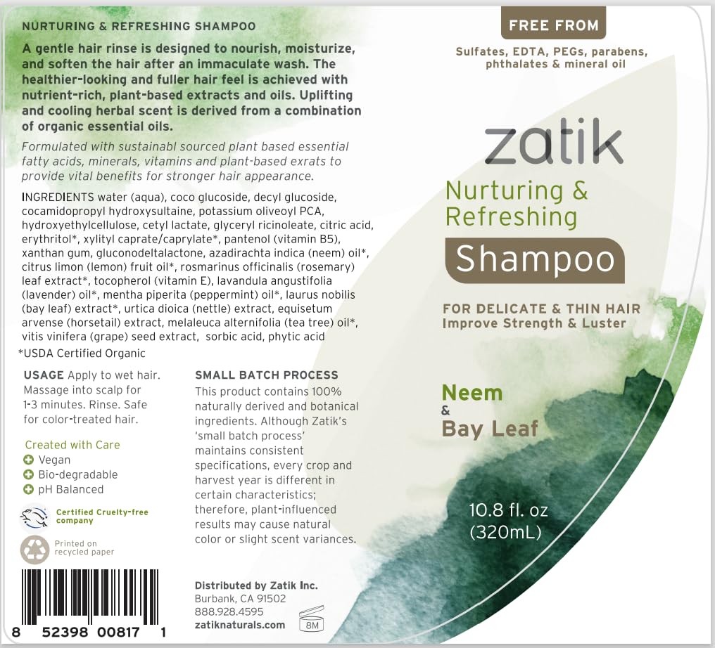 Zatik Naturals - Nurturing and Refreshing Shampoo with Neem & Bay Leaf for Dry, Fine, Delicate Hair - Vegan, Biodegradable, pH Balanced, Free From sulfates, Parabens, fragrances, phthalates. 10.8 oz