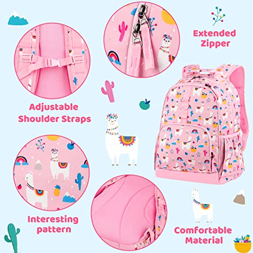 Choco Mocha Llama Backpack Elementary School Backpack for Kids & Girls 17 inch Backpack for 2nd 3rd Grade Llama Bookbag School Bag 6-8 with Chest Strap Pink