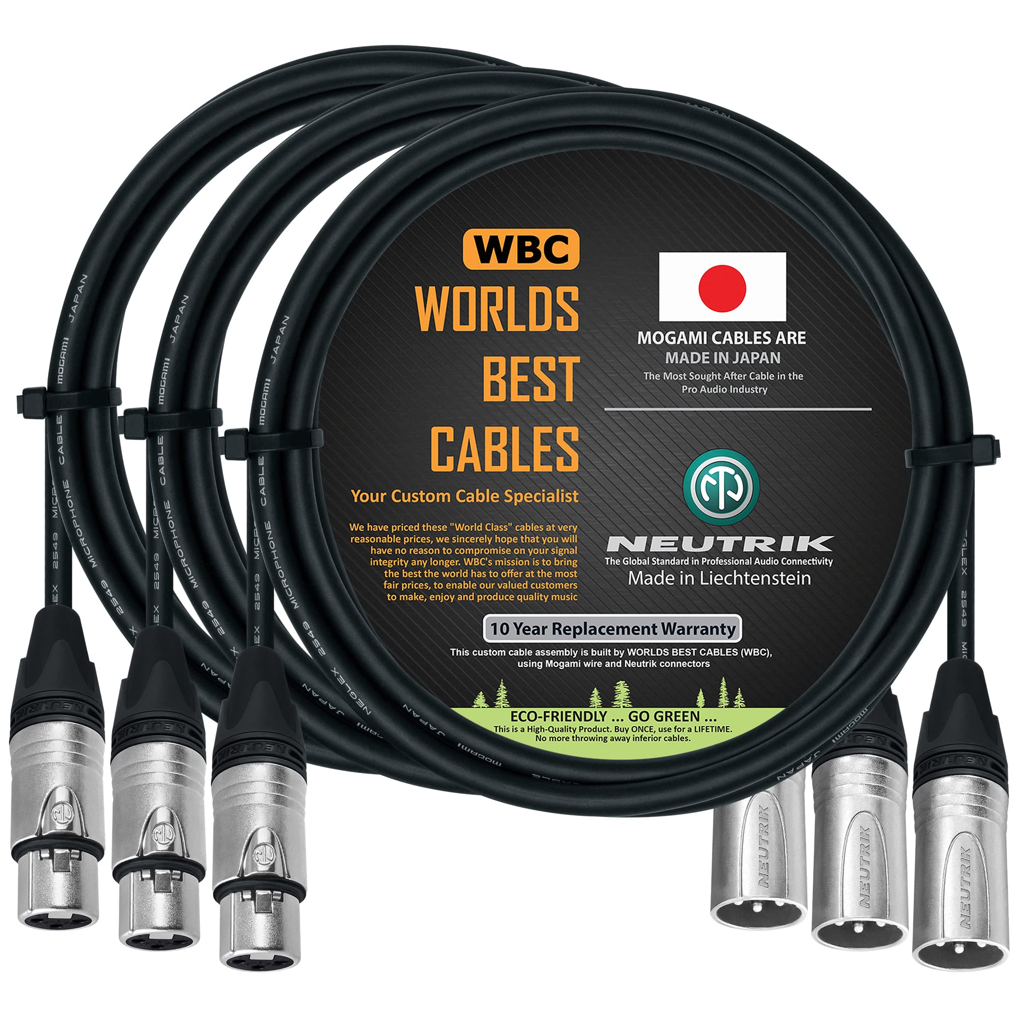 WORLDS BEST CABLES 3 Units - 4 Foot - Balanced Microphone Cable Custom Made Using Mogami 2549 (Black) Wire and Neutrik NC3MXX & NC3FXX Silver XLR Plugs