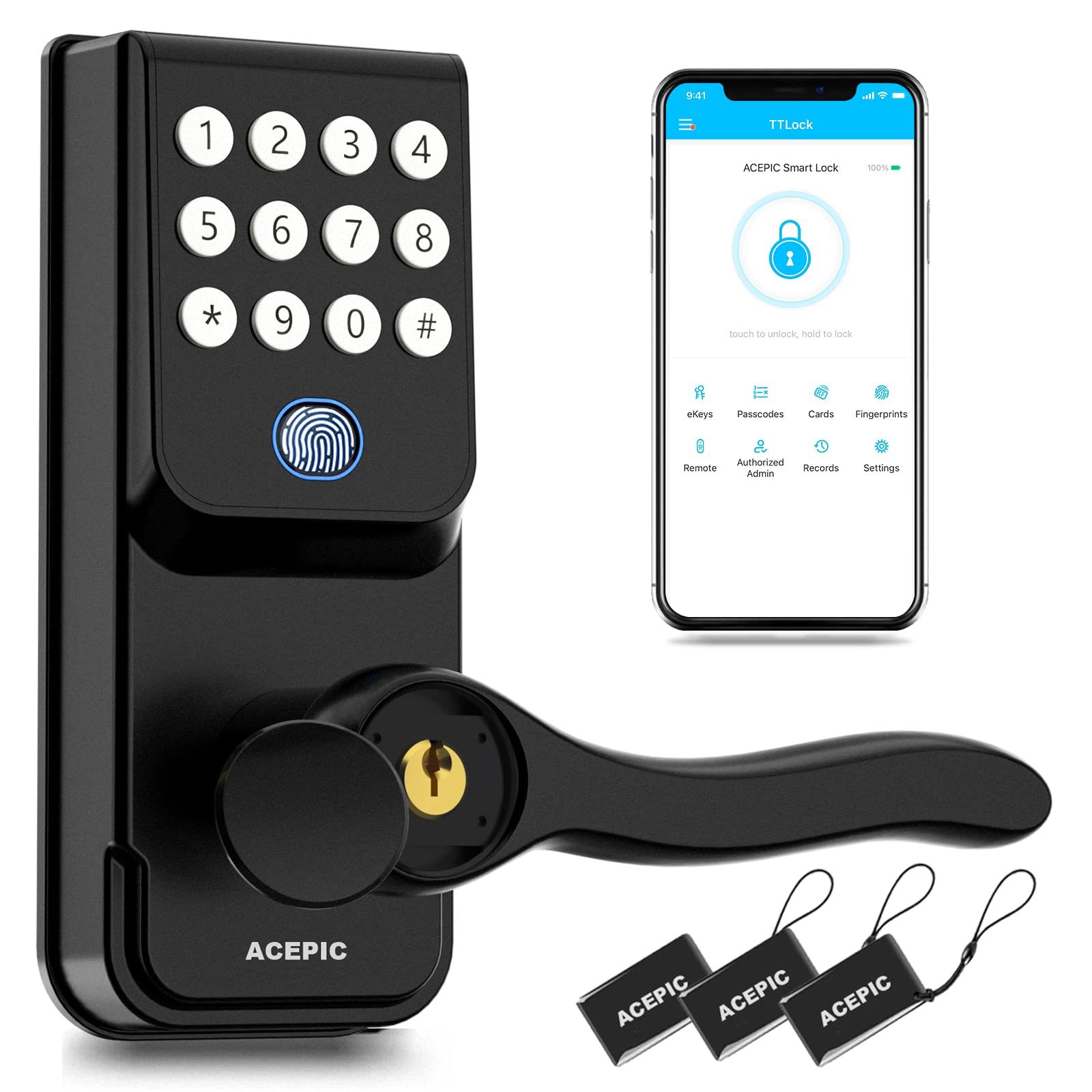 Acepic Full Metal Keyless Entry Door Lock, Keypad Door Lock, Keyless Door Lock, Fingerprint Door Lock, Smart Lock, Passcode Code Door Lock, Digital Smart Door Lock, Fob (Matte Black)