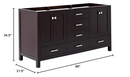 ARIEL Bath Vanity Base Cabinet 66" Inch in Espresso, Dual Sink Configuration, 4 Soft Closing Doors, 6 Full Extension Dovetail Drawers, Brushed Nickel