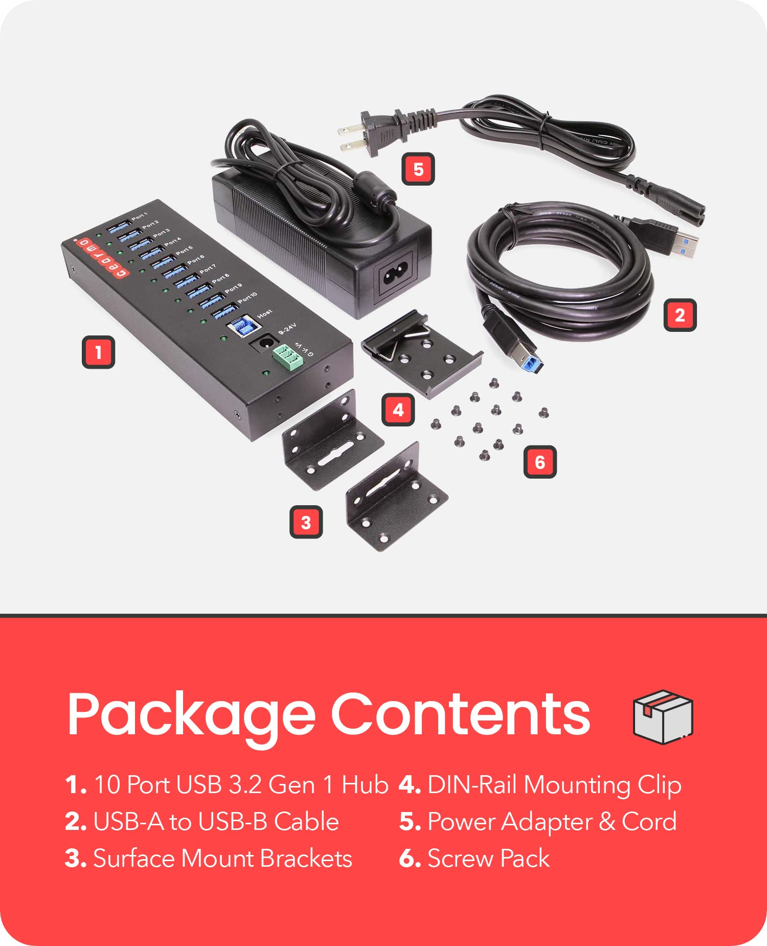USB 3.2 Gen 1 10 Port Industrial Metal Hub w/15KV ESD Protection