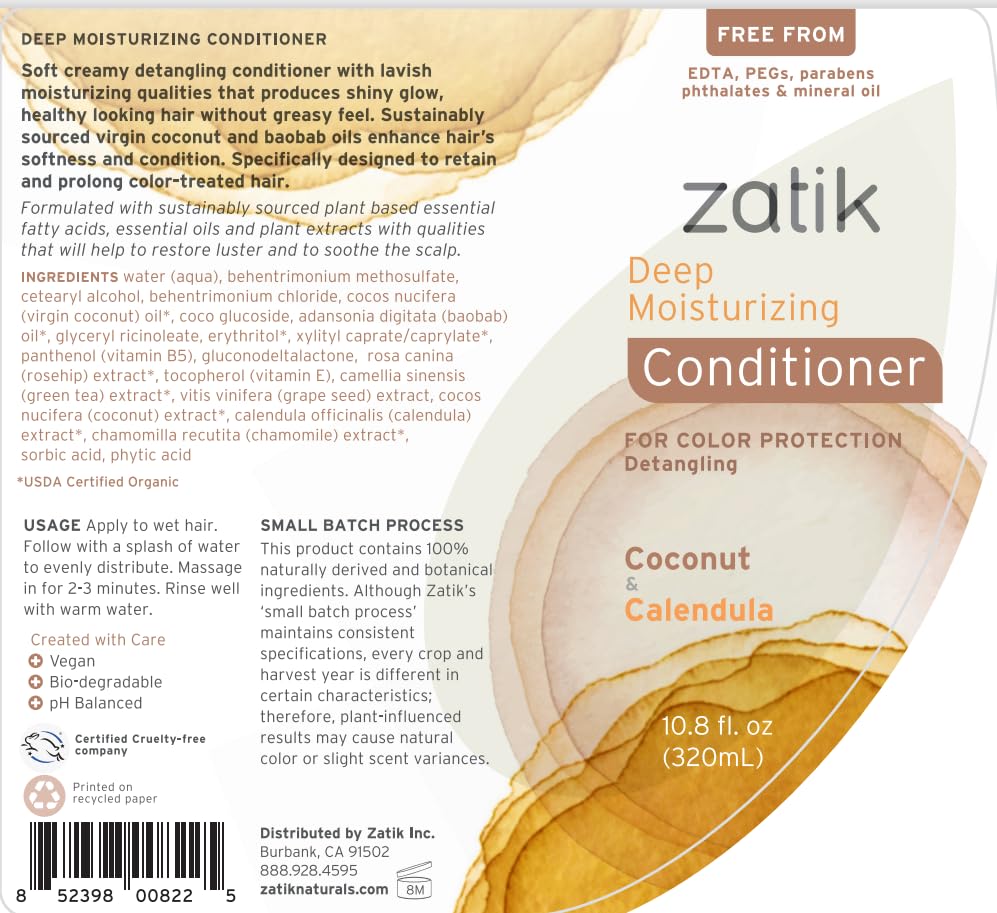 Zatik Naturals - Deep Moisturizing Conditioner - Coconut & Calendula, for Colored, Dry damaged Hair, Bio-degradable, pH Balanced, Vegan, FREE FROM EDTA, PEG, Parabens, fragrances, 10.8 fl oz, 320ml