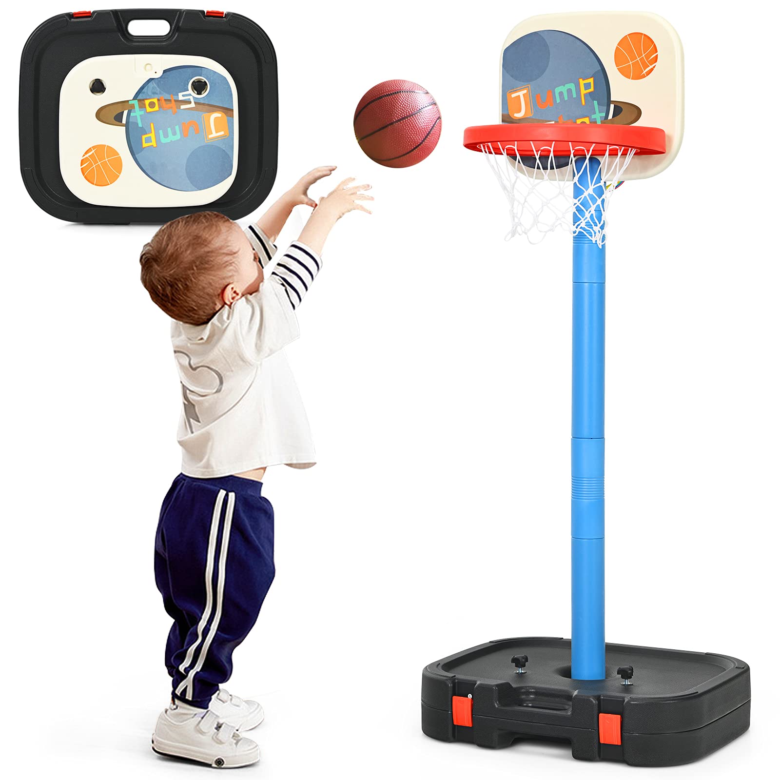 Costzon Basketball Hoop for Toddler, 3-in-1 Sports Activity Center w/Ring Toss, Soccer Goal, 31”-56” Height Adjustable, Indoor Outdoor Basketball Game Play Set for Baby (Car)