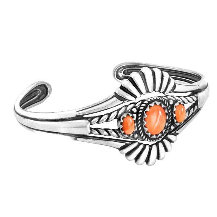 American West Sterling Silver Women's Cuff Bracelet Three Orange Spiny Gemstone Sun Ray Design Size S
