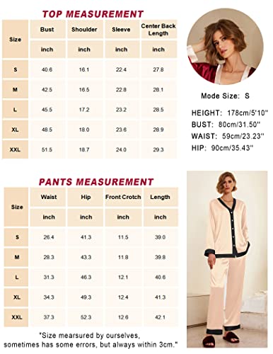 Ekouaer Satin Pajamas Silk Pjs Sets Button Down Sleepwear Set Winter Pajamas for Women with Pockets,Champagne,L