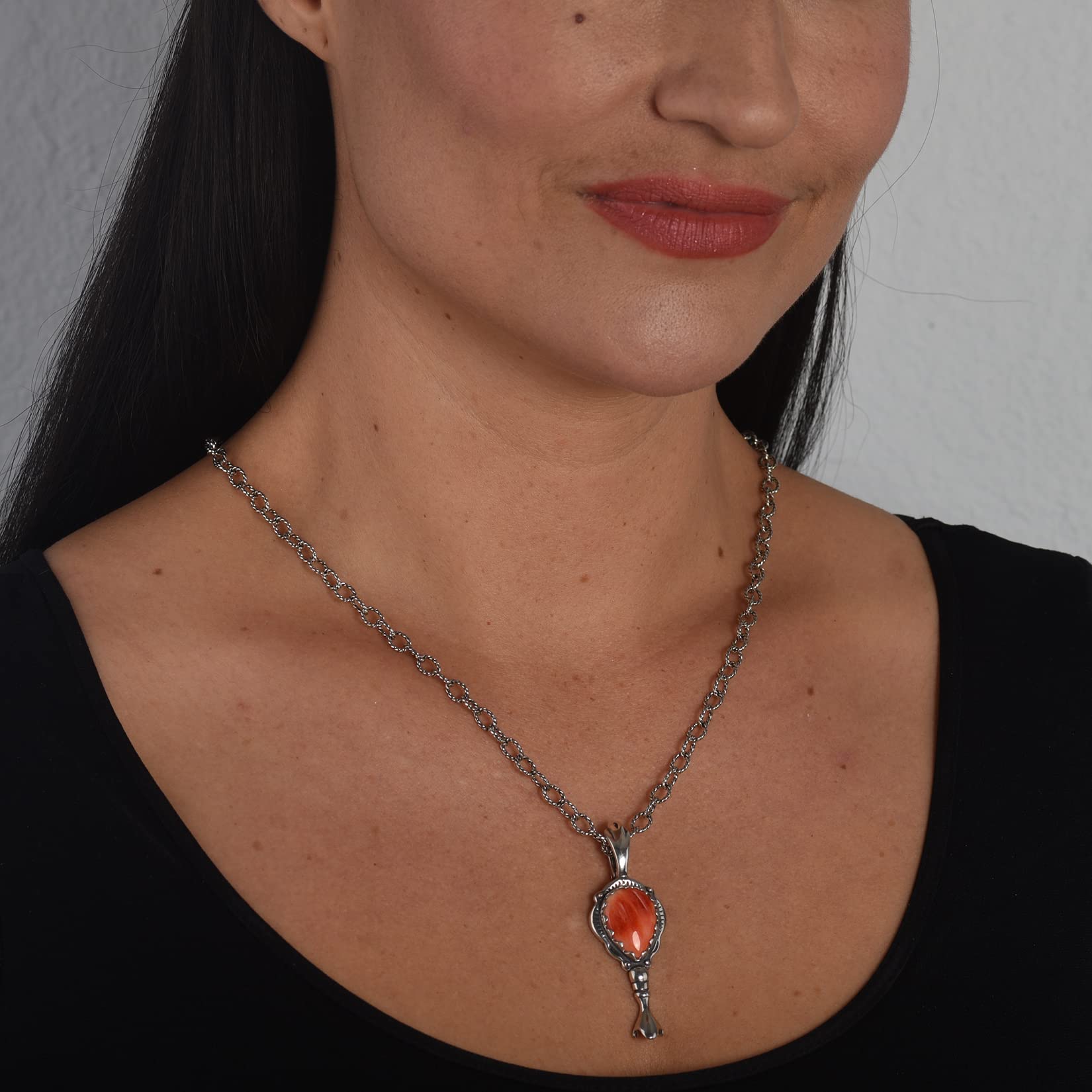 American West Sterling Silver Women's Pendant Enhancer Orange Spiny Gemstone Squash Blossom Design