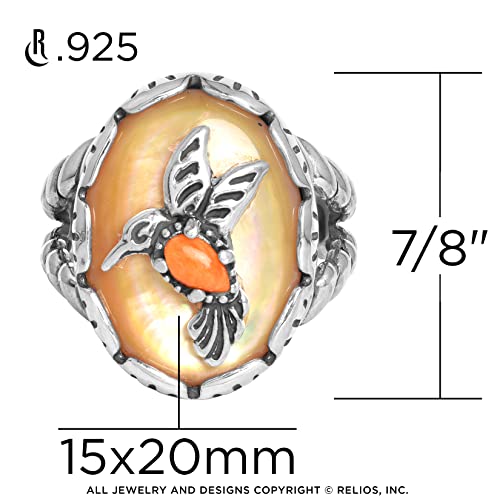 American West Sterling Silver Women's Ring Gold Mother of Pearl & Orange Spiny Gemstone Hummingbird Design Size 9