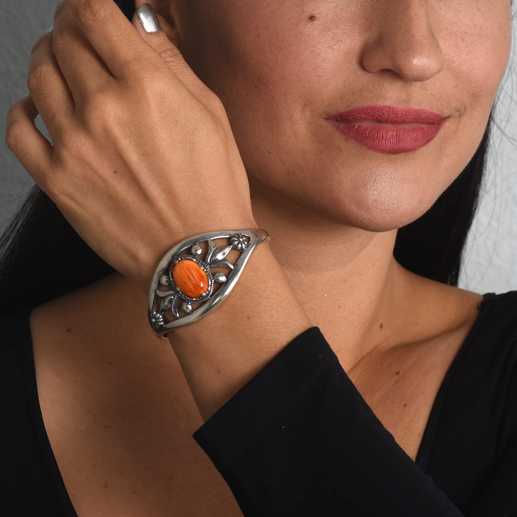 American West Sterling Silver Women's Cuff Bracelet Orange Spiny Gemstone Tufa-Inspired Design Size S