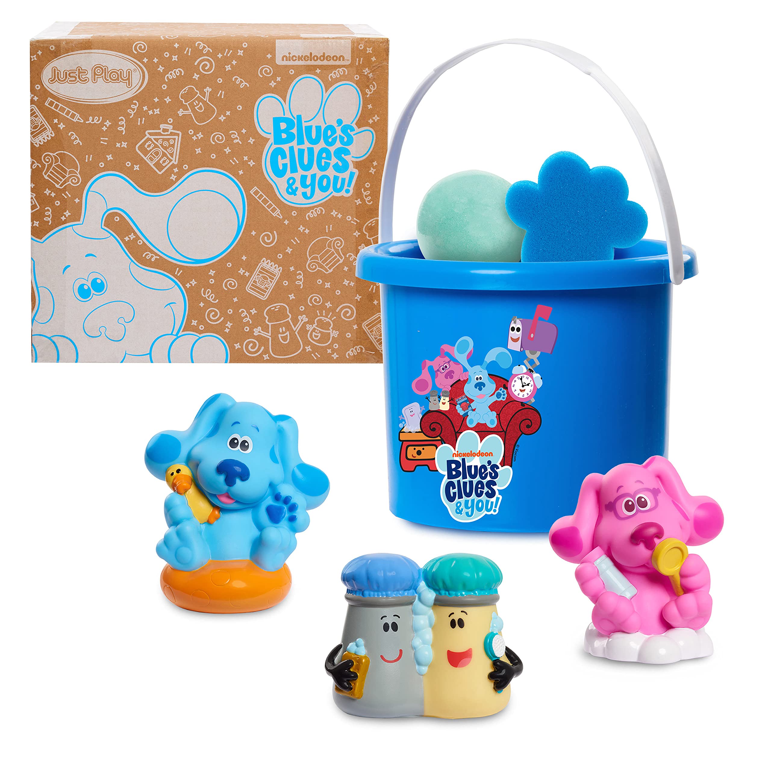 Blue's Clues & You! Bath Bucket 7-Piece Set, 3 Water Toys, 1 Figure, Bath Fizzy, Sponge and Bucket, Kids Toys for Ages 3 Up, Amazon Exclusive