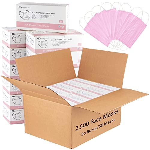 BH Supplies 2400 PCs Bulk Face Mask (48 Packs, 50pcs/Pack), Non Woven Thick 3-Layers Breathable Facial Masks with Adjustable Earloop, Mouth and Nose Cover -Pink