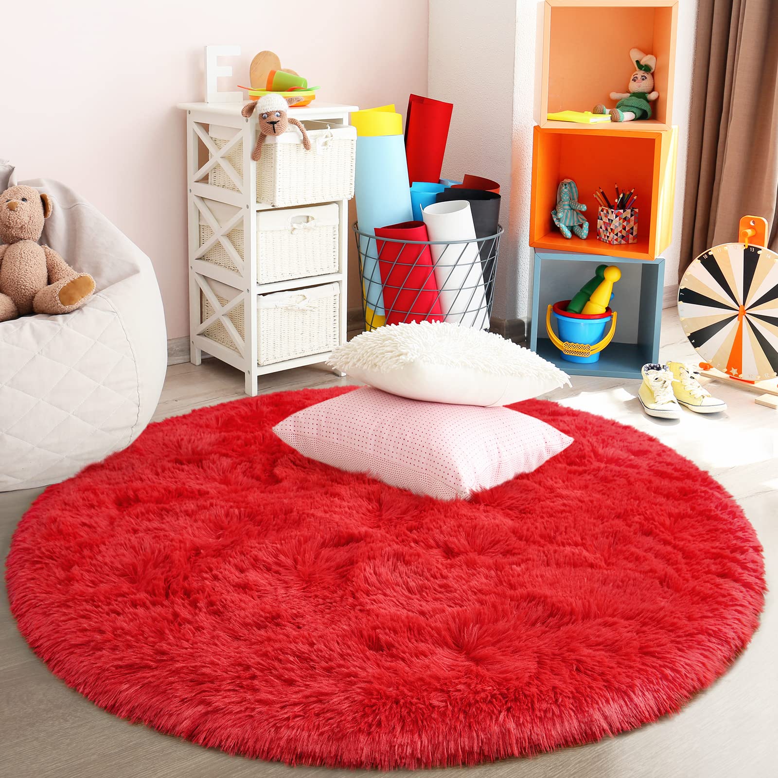 FlyDOIT Round Area Rugs for Bedroom (4x4 Feet, Red)