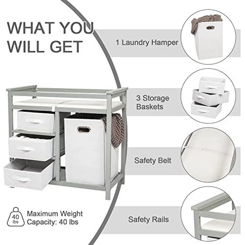 Kinfant Baby Changing Table with Storage - Diaper Changing Table with Laundry Hamper, 3 Storage Basket, Changing Pad & Safety Belt (Grey)
