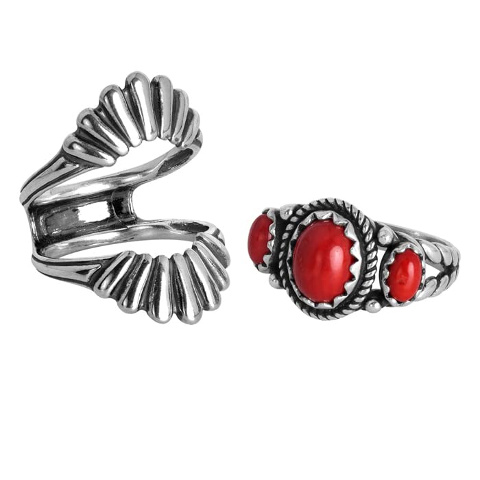 American West Sterling Silver Women's Statement Ring Red Coral Gemstone Ring Guard 2-Piece Size 8
