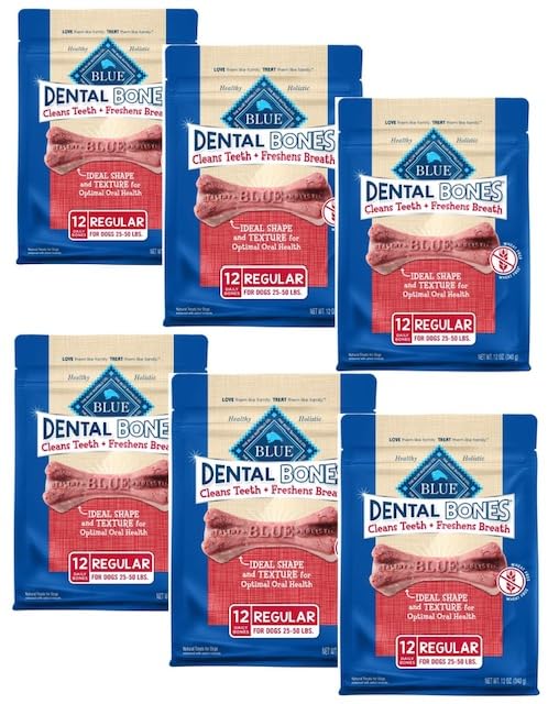 Blue Buffalo Dental Bones Regular Dental Chew Dog Treats, (for 25-50 lb Dog) 12 oz Bag (6 Pack)