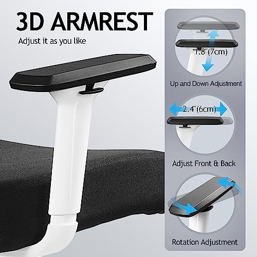 KERDOM Ergonomic Office Chair, Rolling Swivel Executive Desk Chair, Breathable Mesh Gaming Chair with Adjustable Headrest, 3D Armrest and Lumbar Support for Home Office White