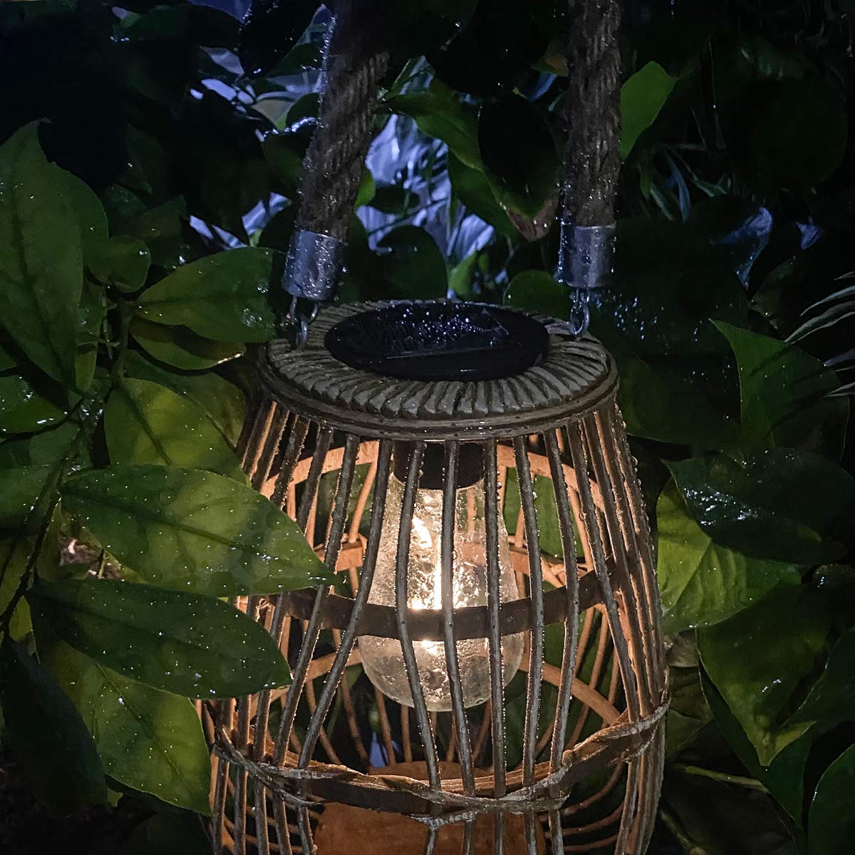 pearlstar Outdoor Solar Lantern Hanging Lights Natural Rattan Solar Lantern with Handle, Waterproof Large Solar Lights Table Lamp for Yard Garden Patio Wedding Home Decoration, Edison Bulb