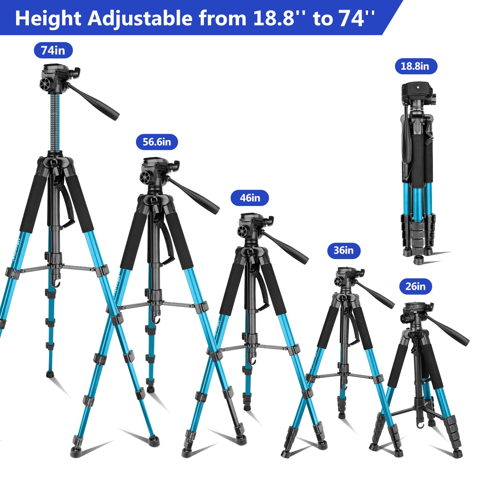 Aureday 74’’ Camera Tripod with Travel Bag,Cell Phone Tripod with Wireless Remote and Phone Holder, Compatible with DSLR Cameras,Cell Phones,Projector,Webcam,Spotting Scopes(Blue)